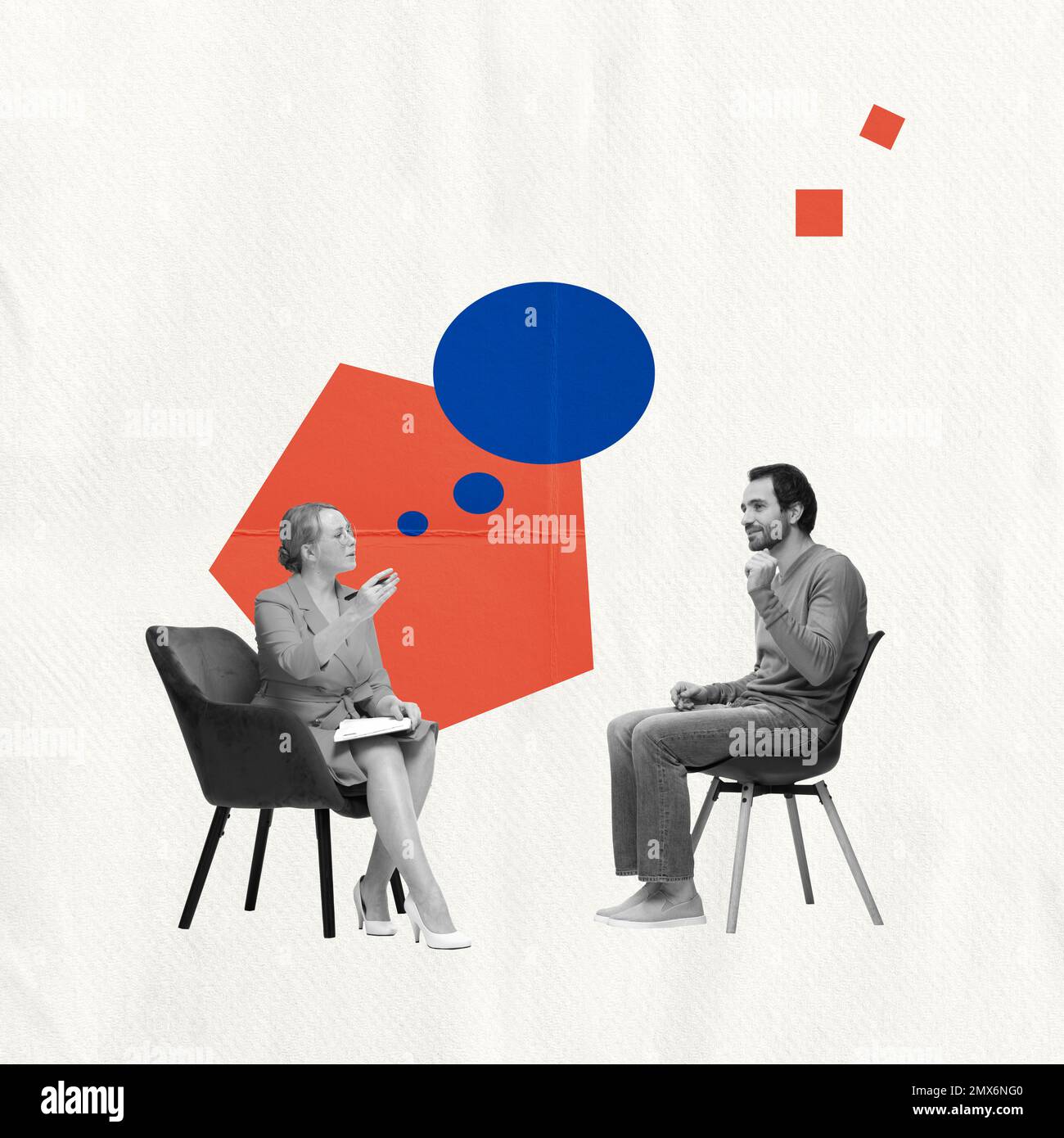 Contemporary art collage about young man meeting with professional ...