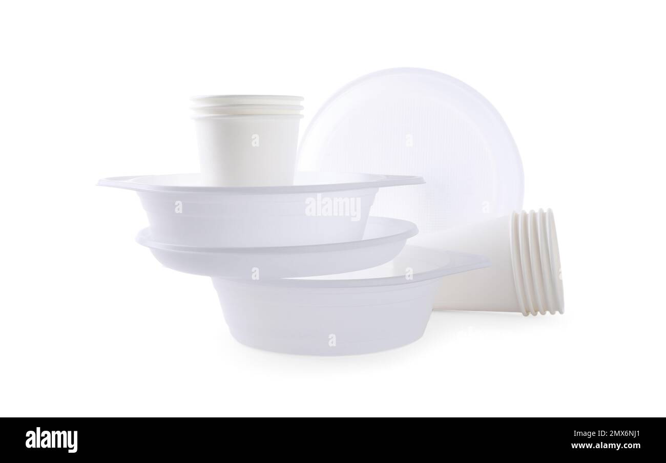 Set of disposable plastic dishware isolated on white Stock Photo - Alamy