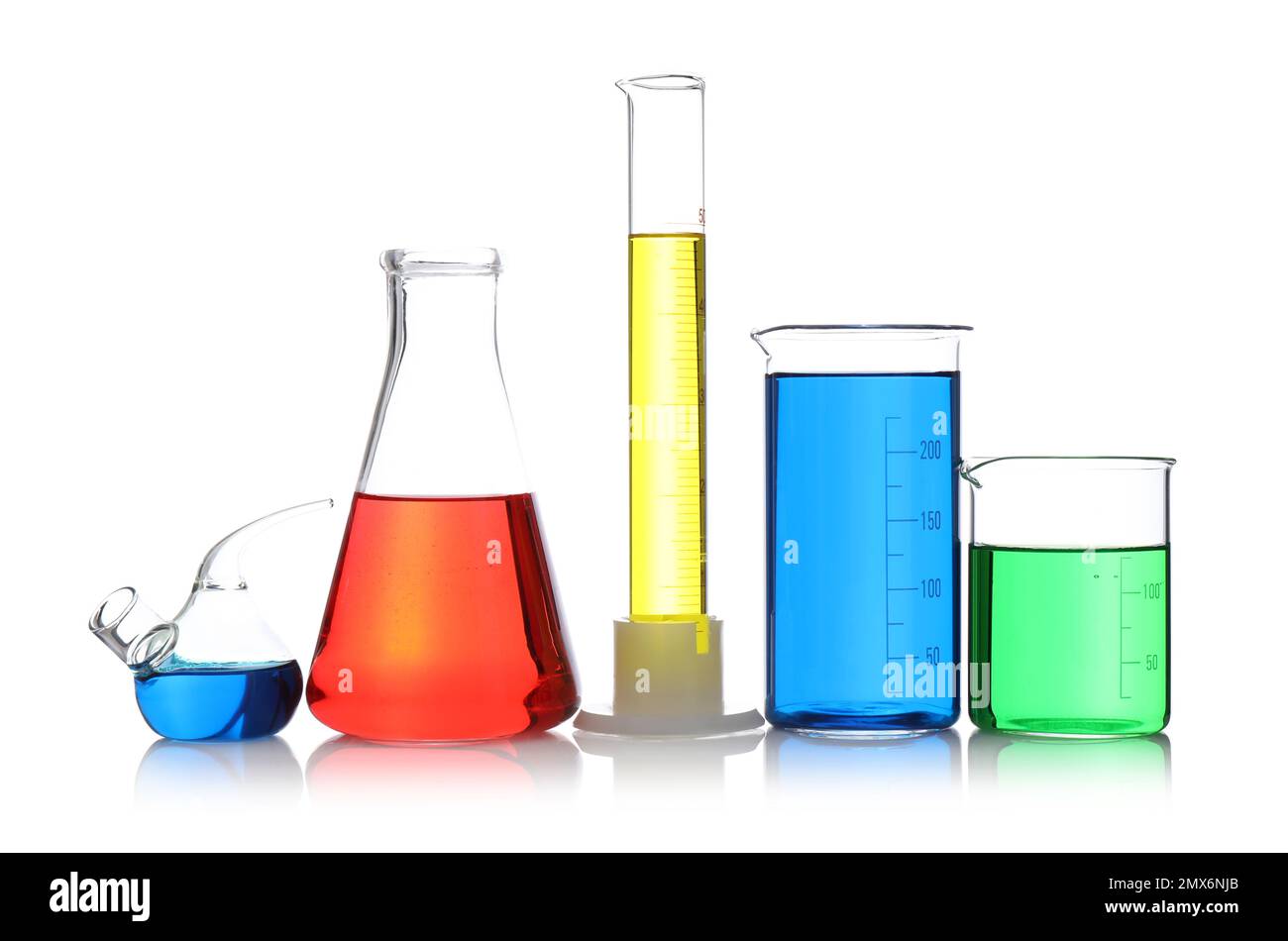 Laboratory glassware with samples on white background Stock Photo - Alamy