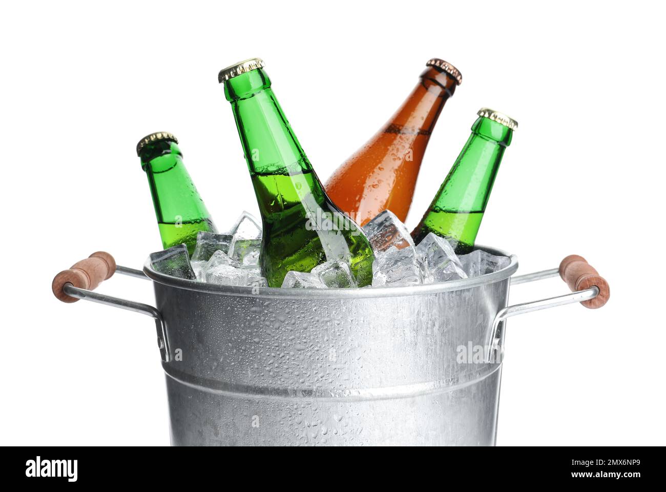 Metal bucket with bottles of beer and ice cubes isolated on white Stock ...
