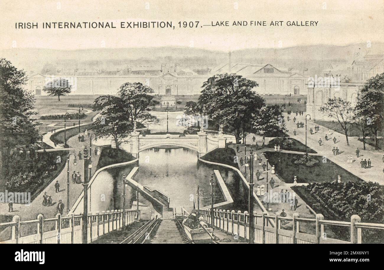 Irish international exhibition, 1907, Dublin Ireland. The lake and fine ...