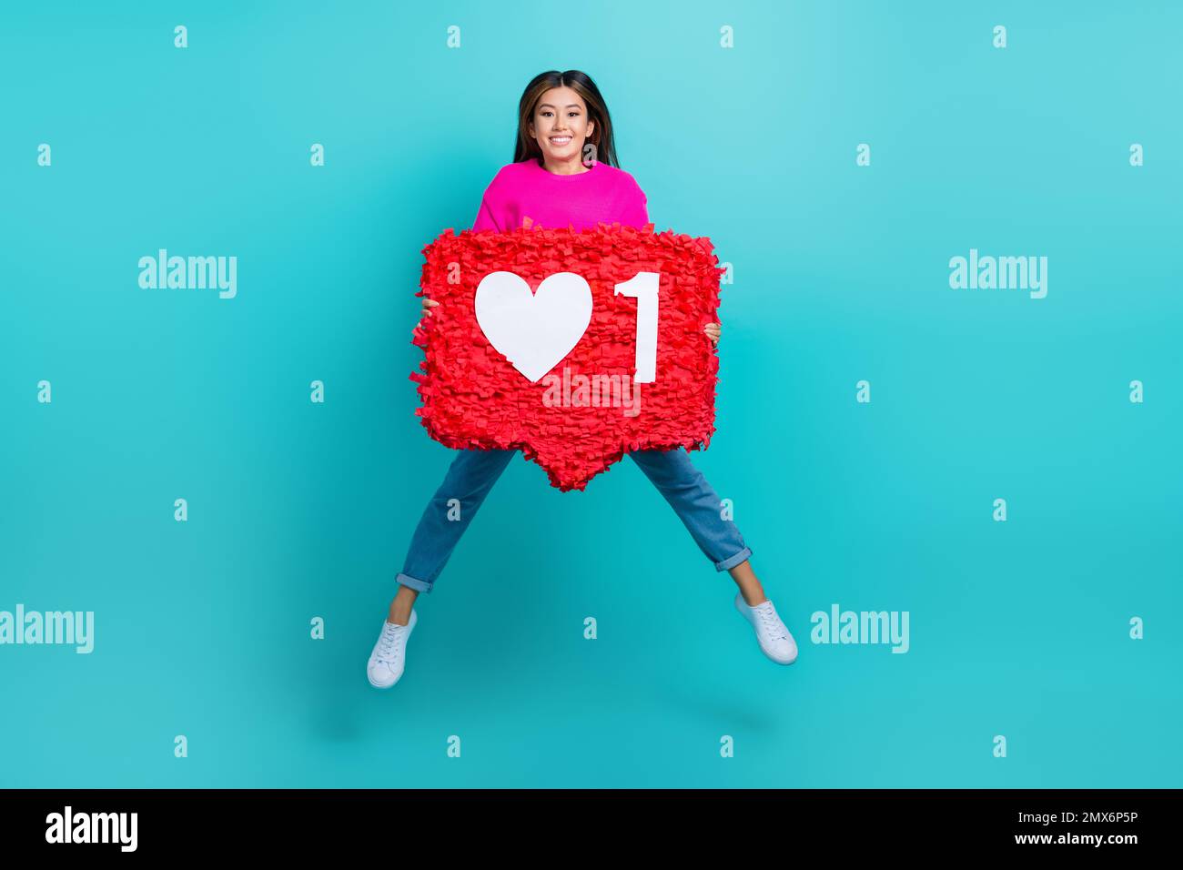 Full length photo of pretty sweet lady wear pink sweater jumping high ...