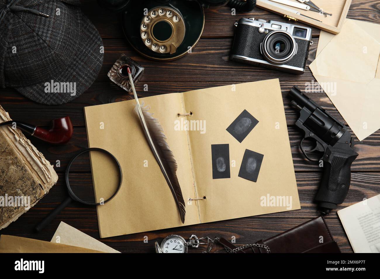 Flat lay composition with vintage detective items on dark wooden ...