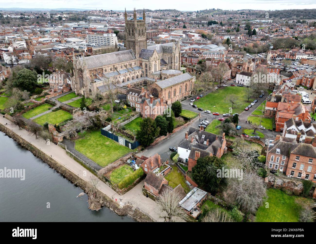 Worcester Cathedral and the River Severn as seen from a drone. Picture ...