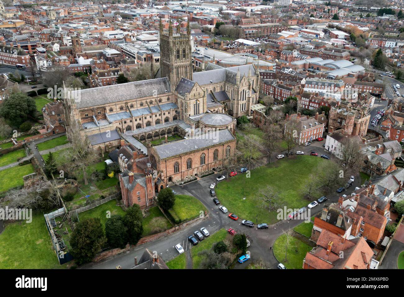 Worcester Cathedral and the River Severn as seen from a drone. Picture ...