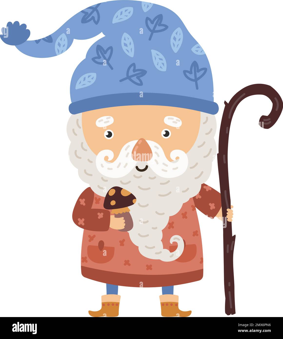 Forest dwarf with wooden stick and mushroom. Cute character Stock ...