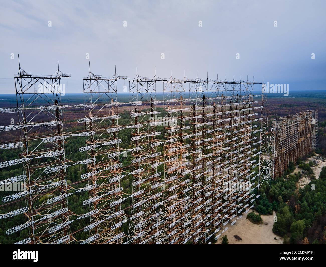 Aerial view of Former remains of Duga radar system in abandoned ...