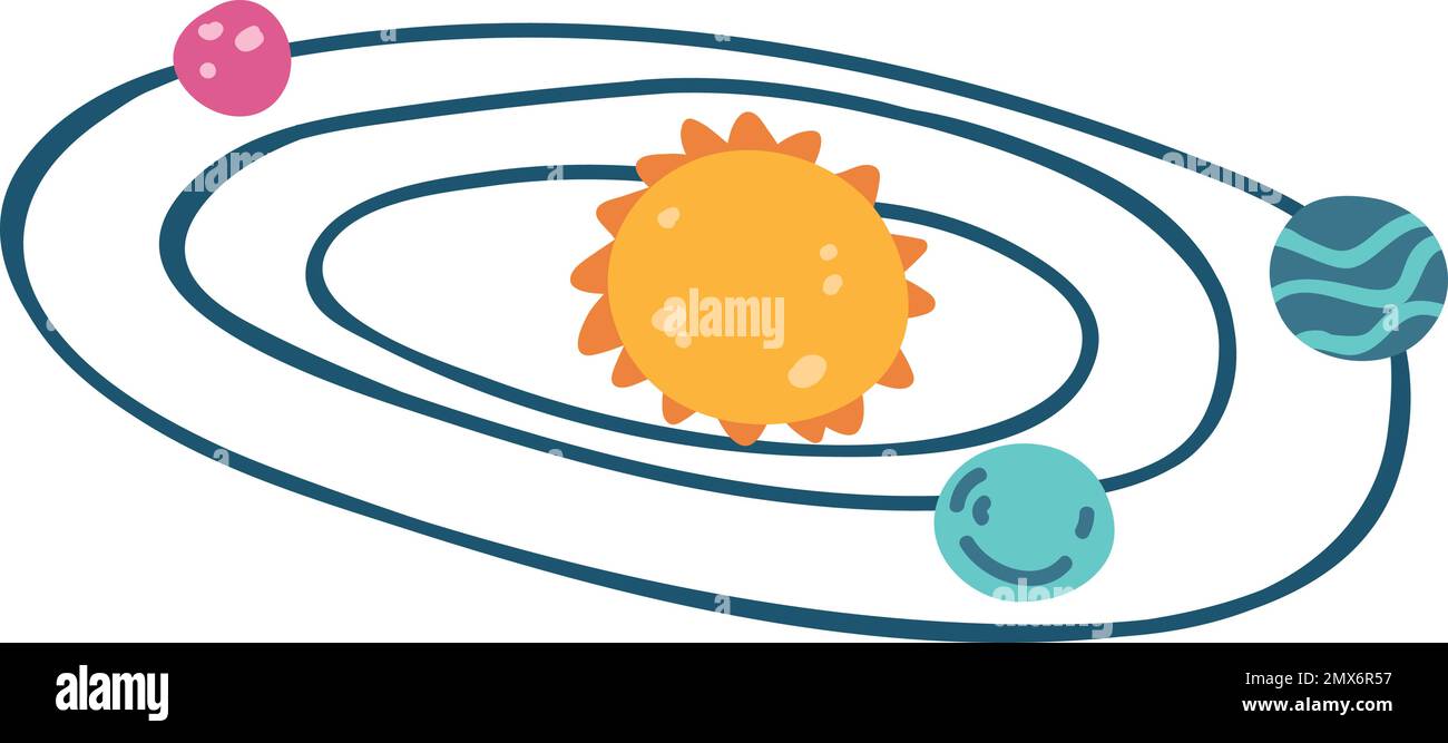 Solar system drawing. Sun and planet in cute childish style Stock ...