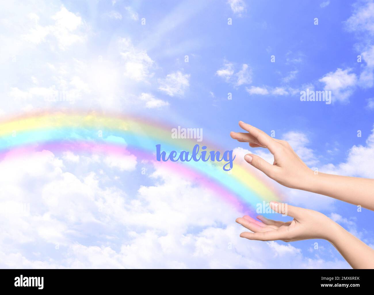 Woman and rainbow as source of healing energy on sunny day, closeup ...