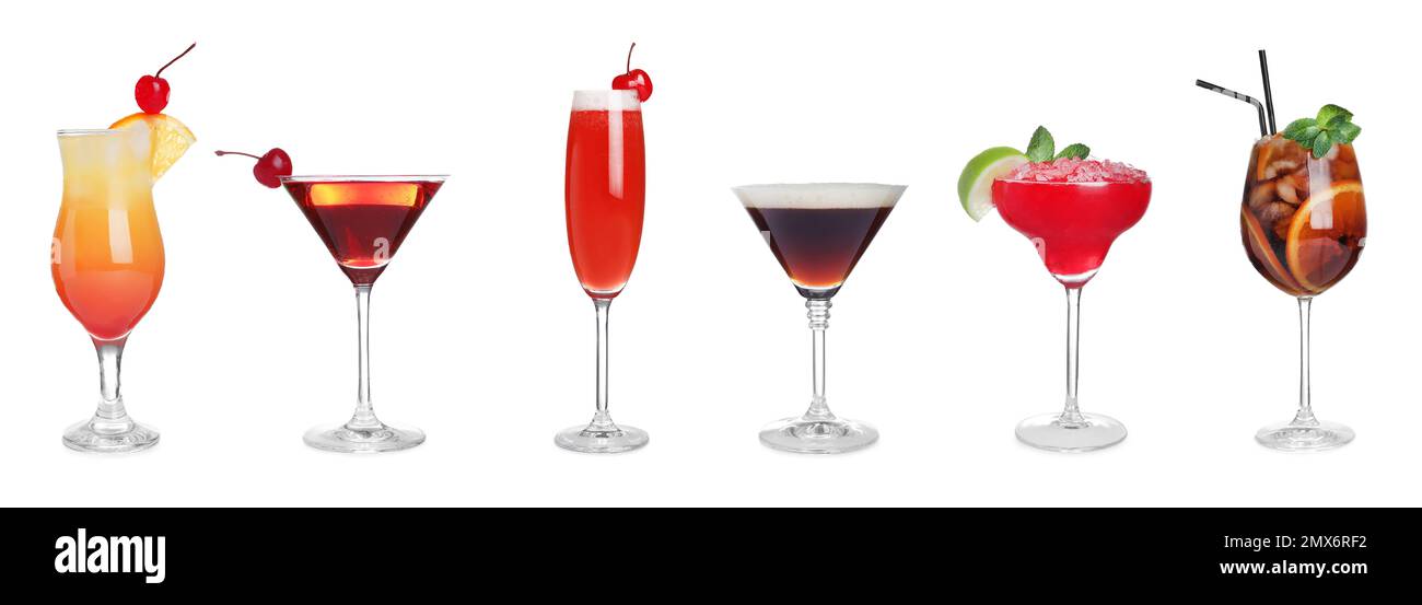 Set of tasty alcoholic cocktails on white background. Banner design ...