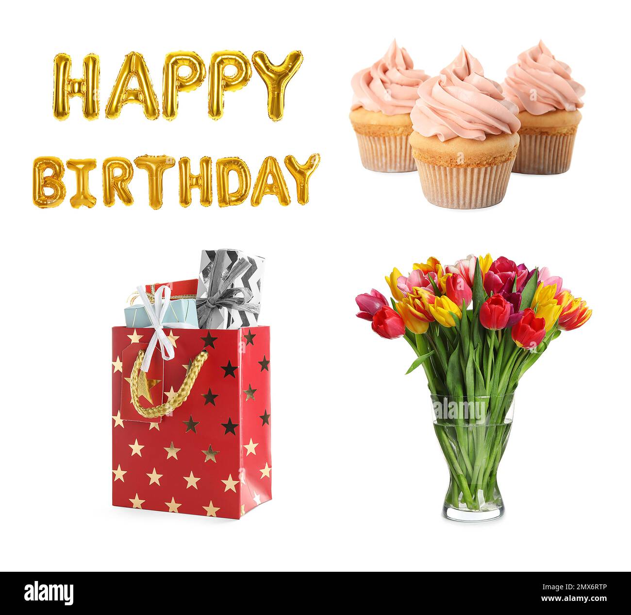 Set of different birthday items on white background Stock Photo - Alamy