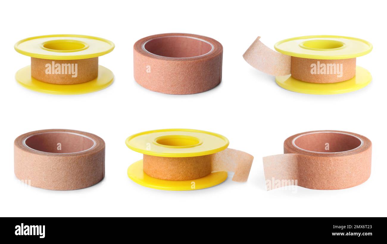 Set with medical sticking plaster rolls on white background Stock Photo ...
