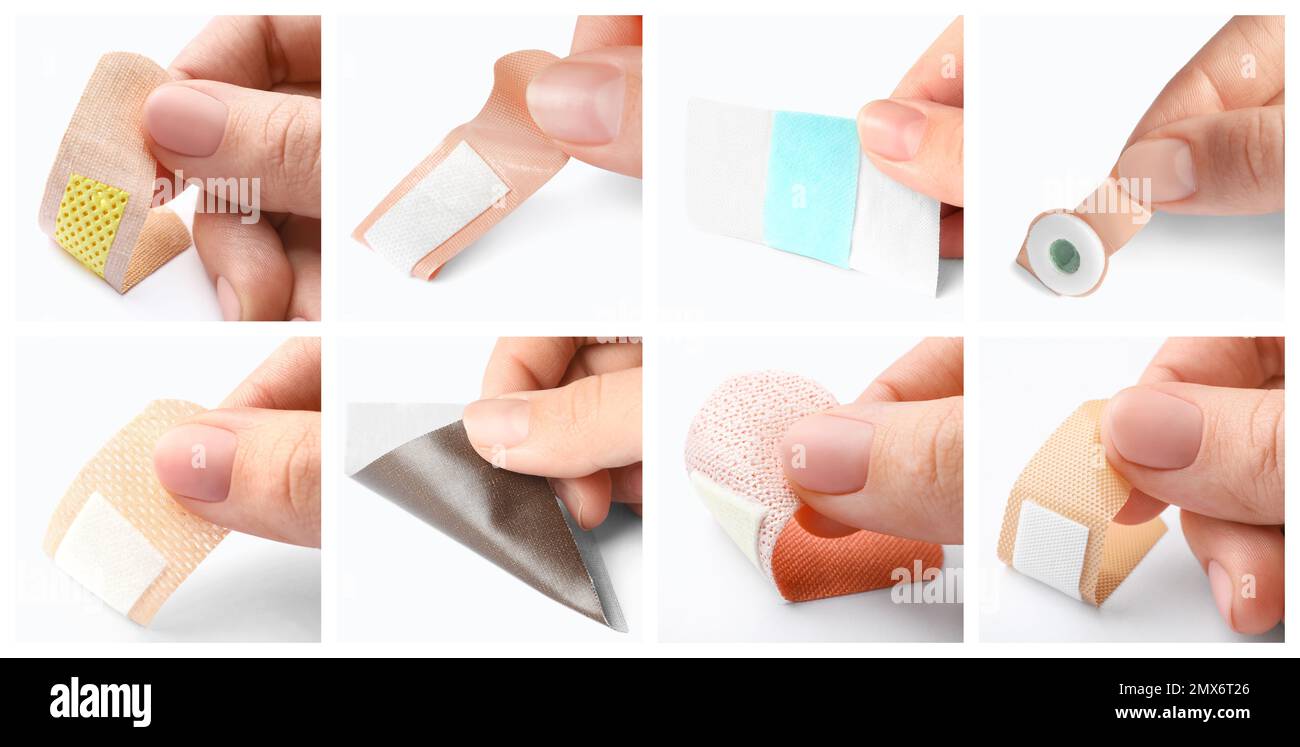 Set of woman putting sticking plaster on white background. Banner ...