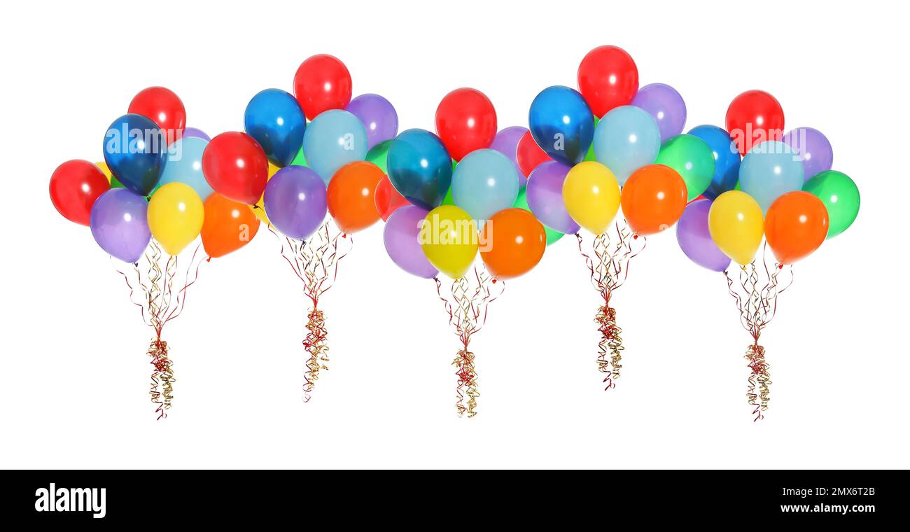 Set of different color balloons on white background Stock Photo - Alamy