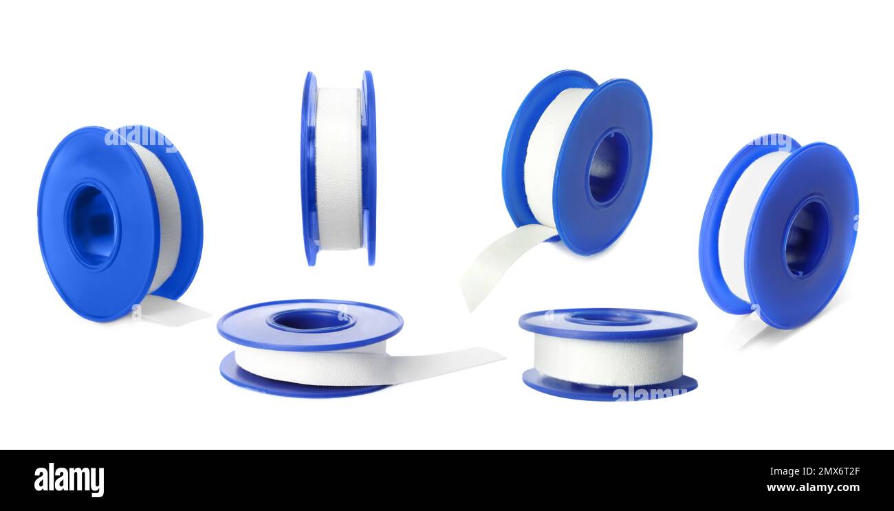 Set with medical sticking plaster rolls on white background Stock Photo ...