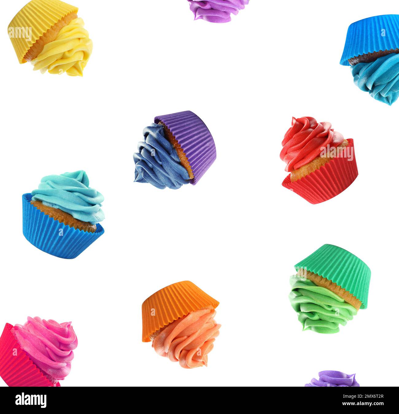 Set of falling delicious birthday cupcakes on white background Stock ...