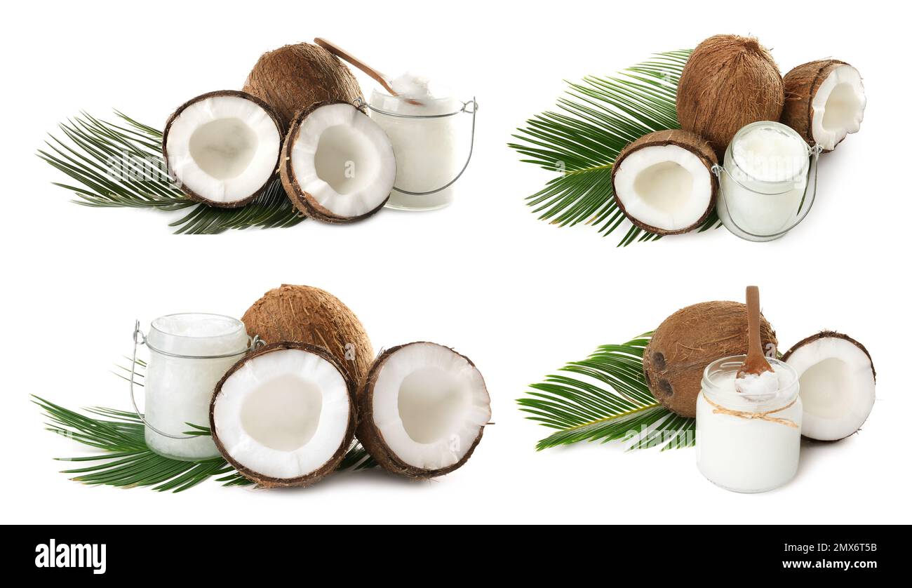 Set of coconuts and organic cooking oil on white background Stock Photo ...