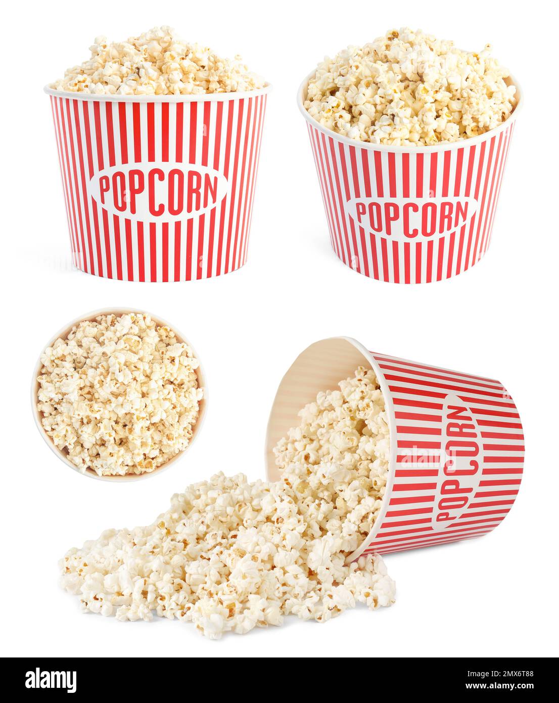 Set with buckets of tasty pop corn on white background Stock Photo - Alamy