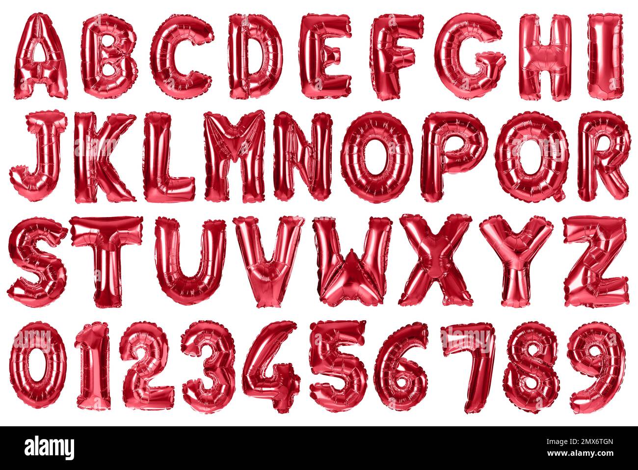 Set with red foil balloons in shape of letters and numbers on white ...