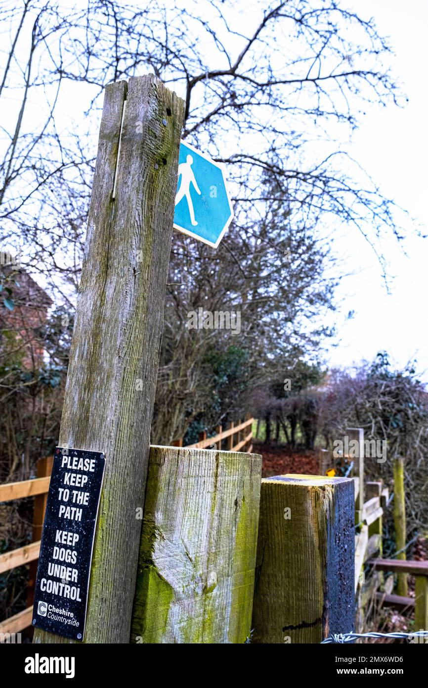 Public footpath sign with dog warning on wooden post in Cheshire ...