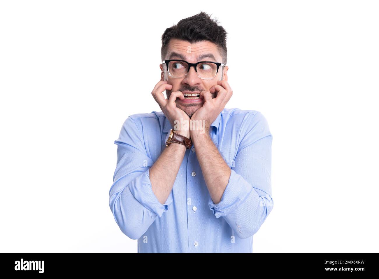 photo of caucasian scared man in panic. scared man in panic isolated on ...
