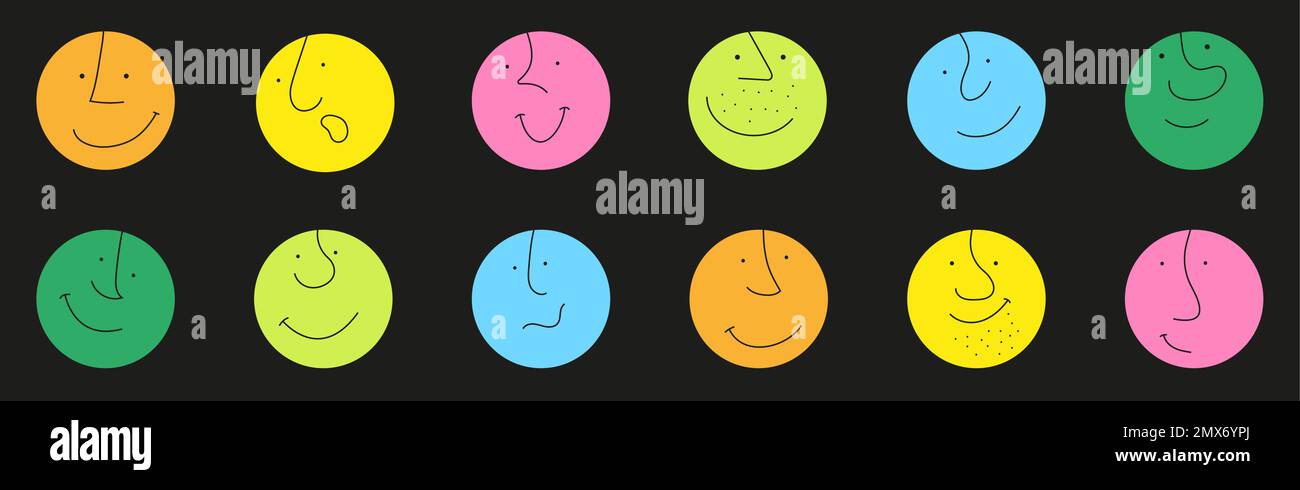 Funny round faces icon set vector in cartoon style. Colorful circle ...