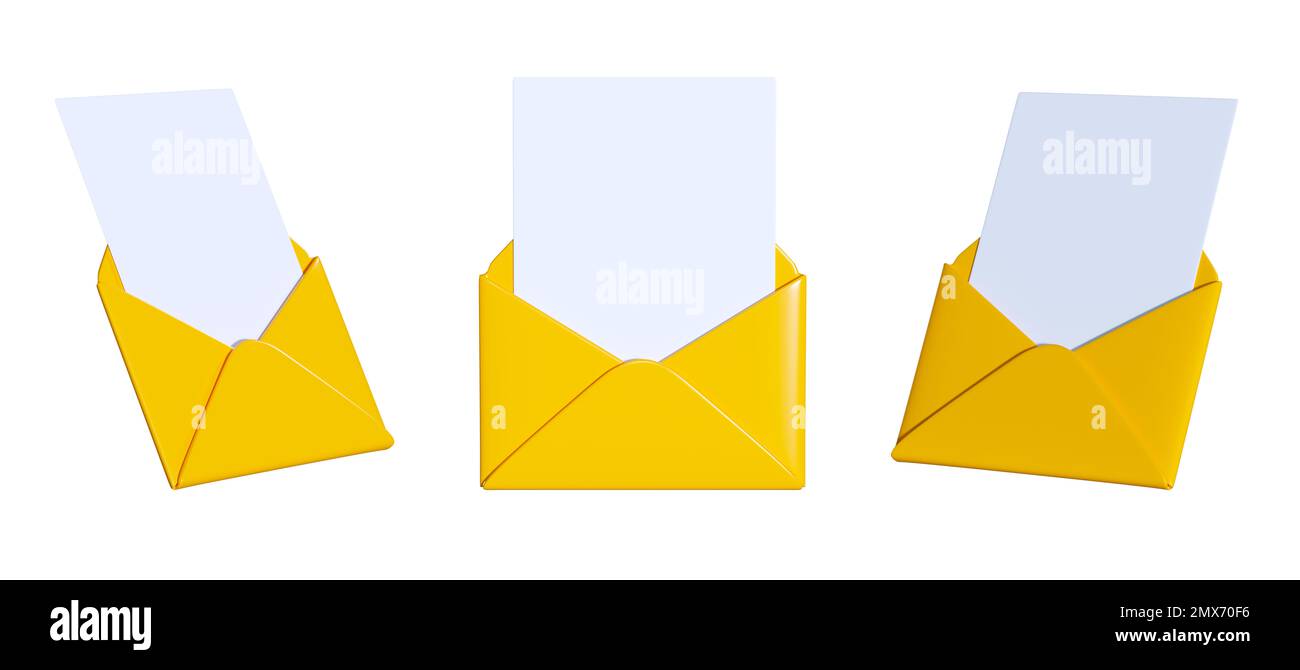 Mail 3d render - open yellow paper envelope with blank card. Set of ...