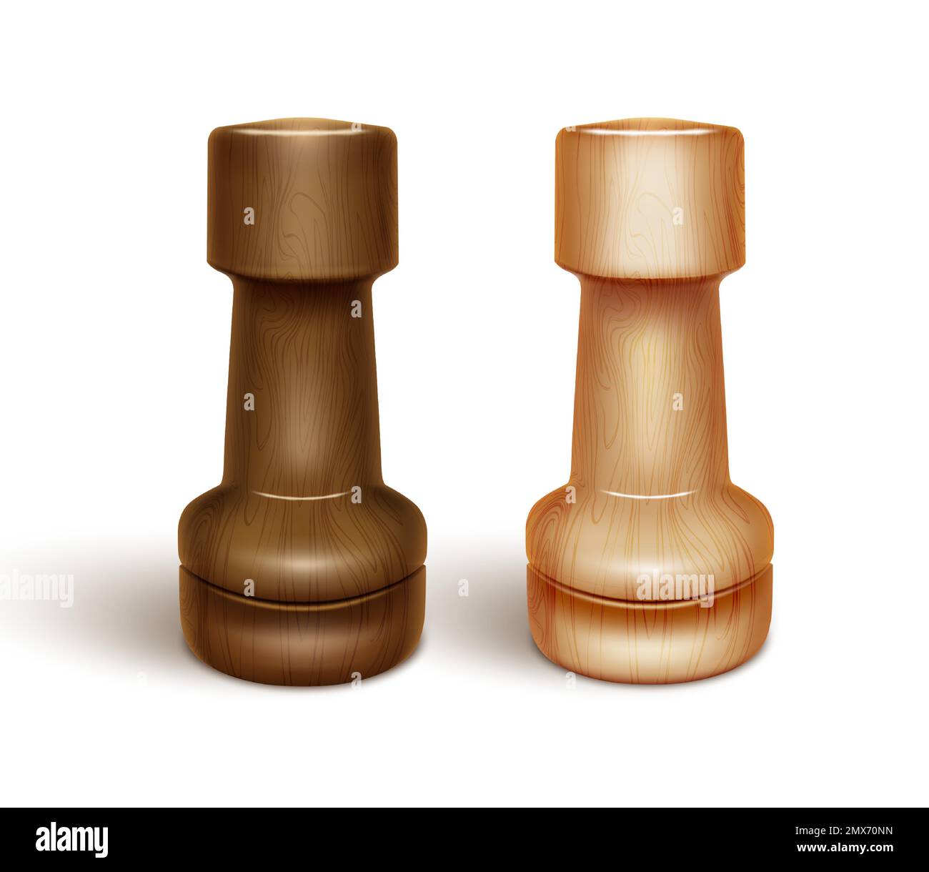 Two chess pieces - rooks. Made from lacquered wood. 3D realistic ...