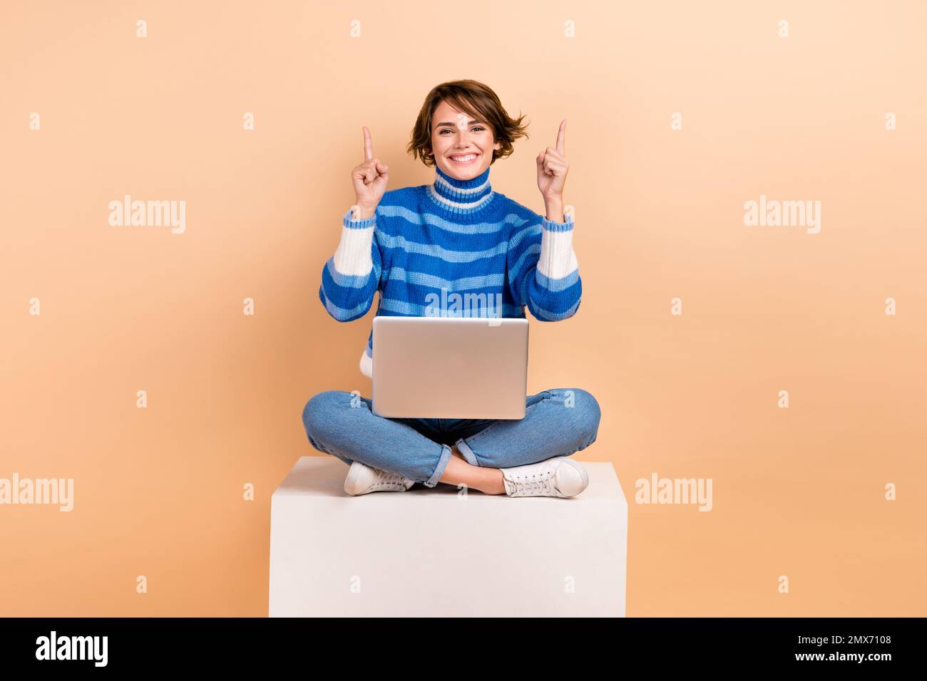 Full length photo of young girl online school remote education owner ...