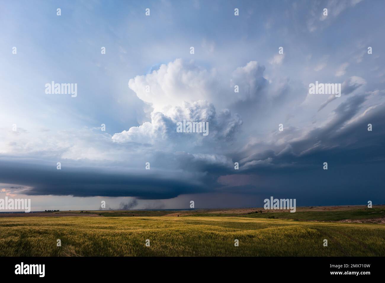 Dramatic stormy sky with a supercell thunderstorm over a field near ...