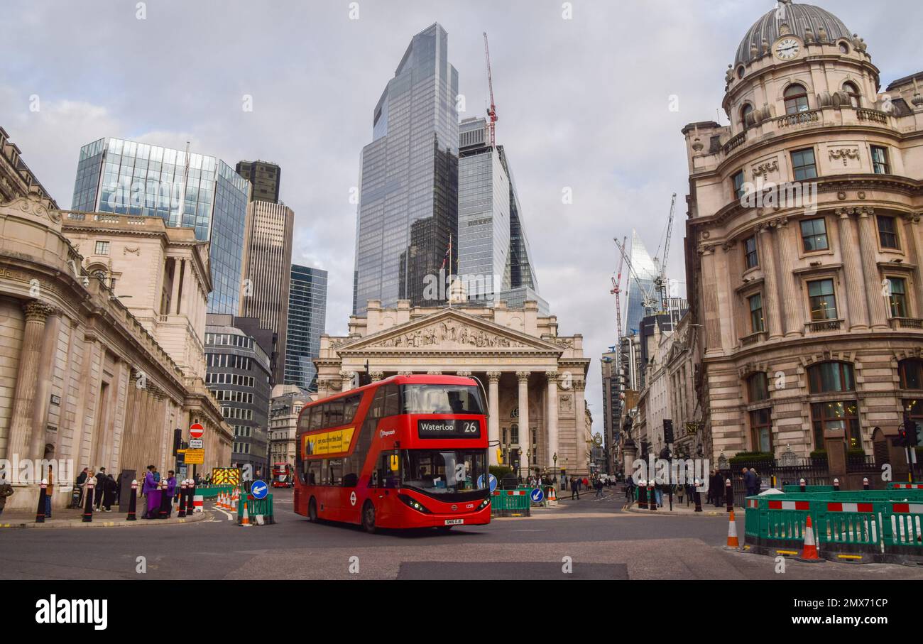 London, UK. 2nd February 2023. A view of the Royal Exchange and the ...