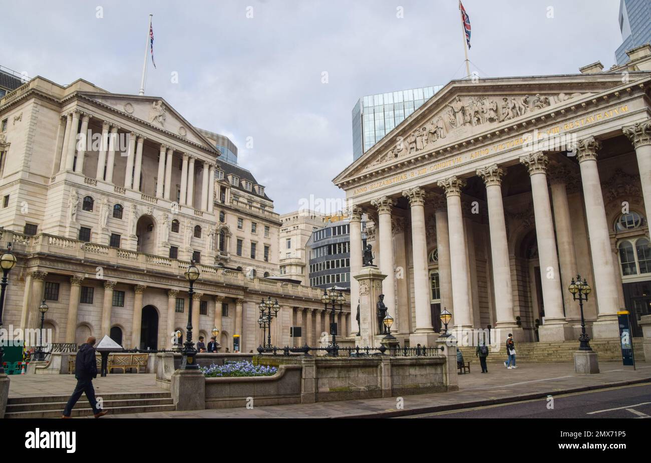 London, UK. 2nd February 2023. A view of the Royal Exchange and the ...