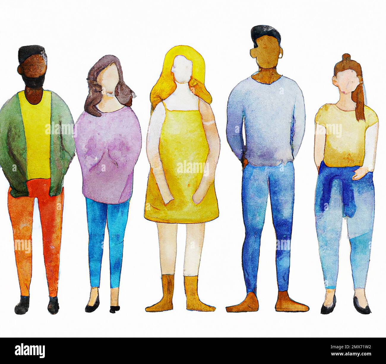 Different people stand side by side together - Digital watercolor ...