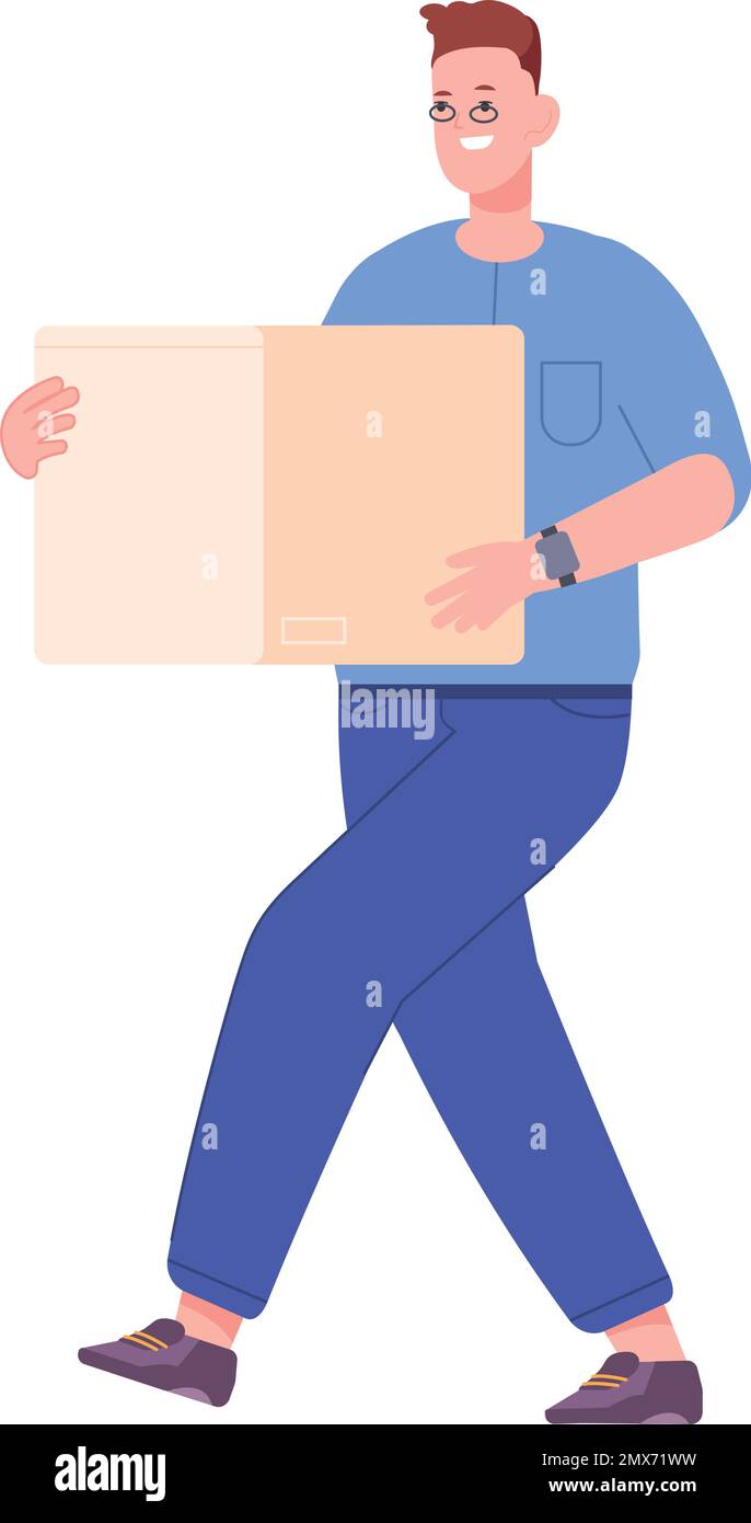 Man carrying cardboard box. Person hold parcel isolated on white ...