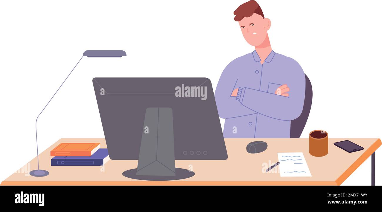 Tired man at computer workplace. Work problem stress isolated on white ...