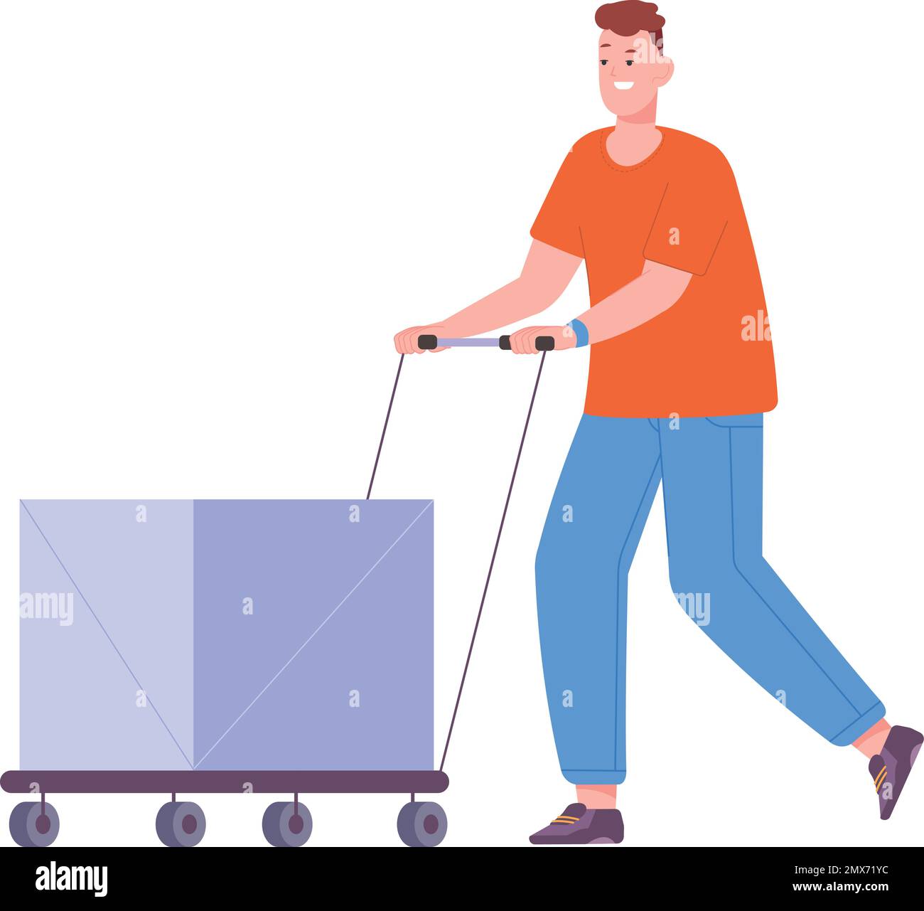 Man pushing cart with box container. Cargo delivery isolated on white ...