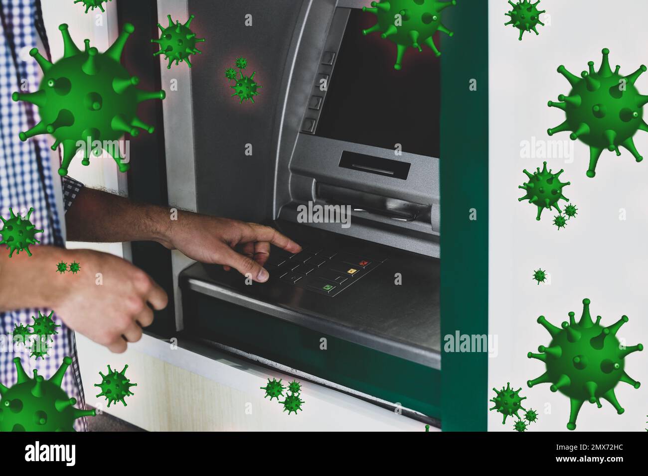 Use cash machine careful during coronavirus outbreak. Man withdrawing ...