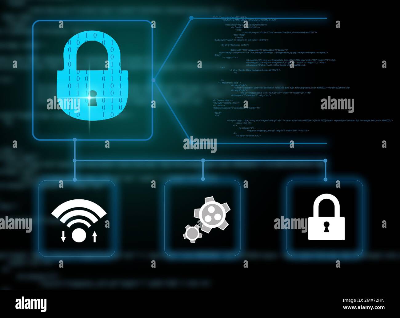 Cyber attack prevention. Icons and binary code on background Stock ...