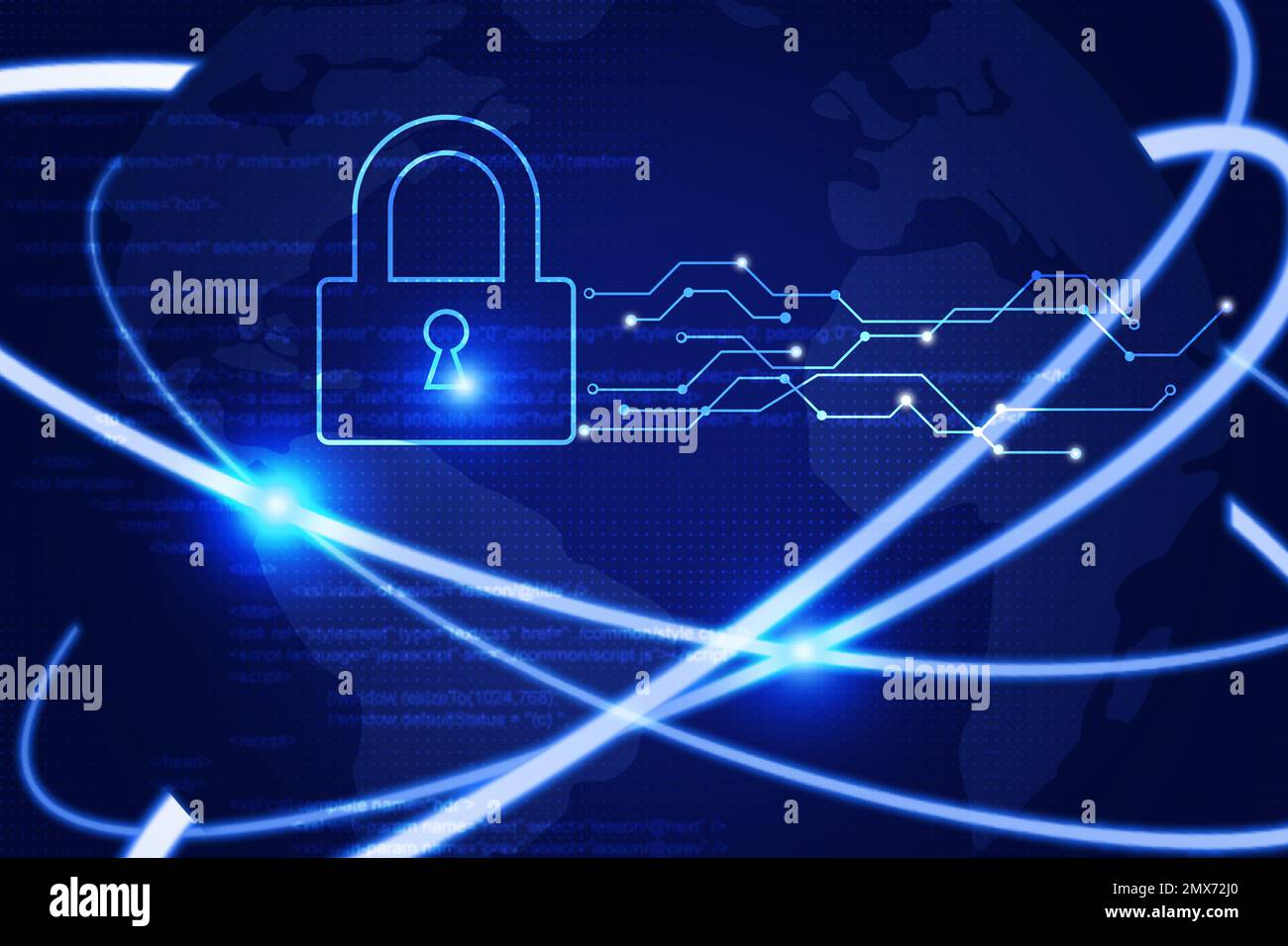 Cyber attack prevention concept. Digital lock and world globe on ...