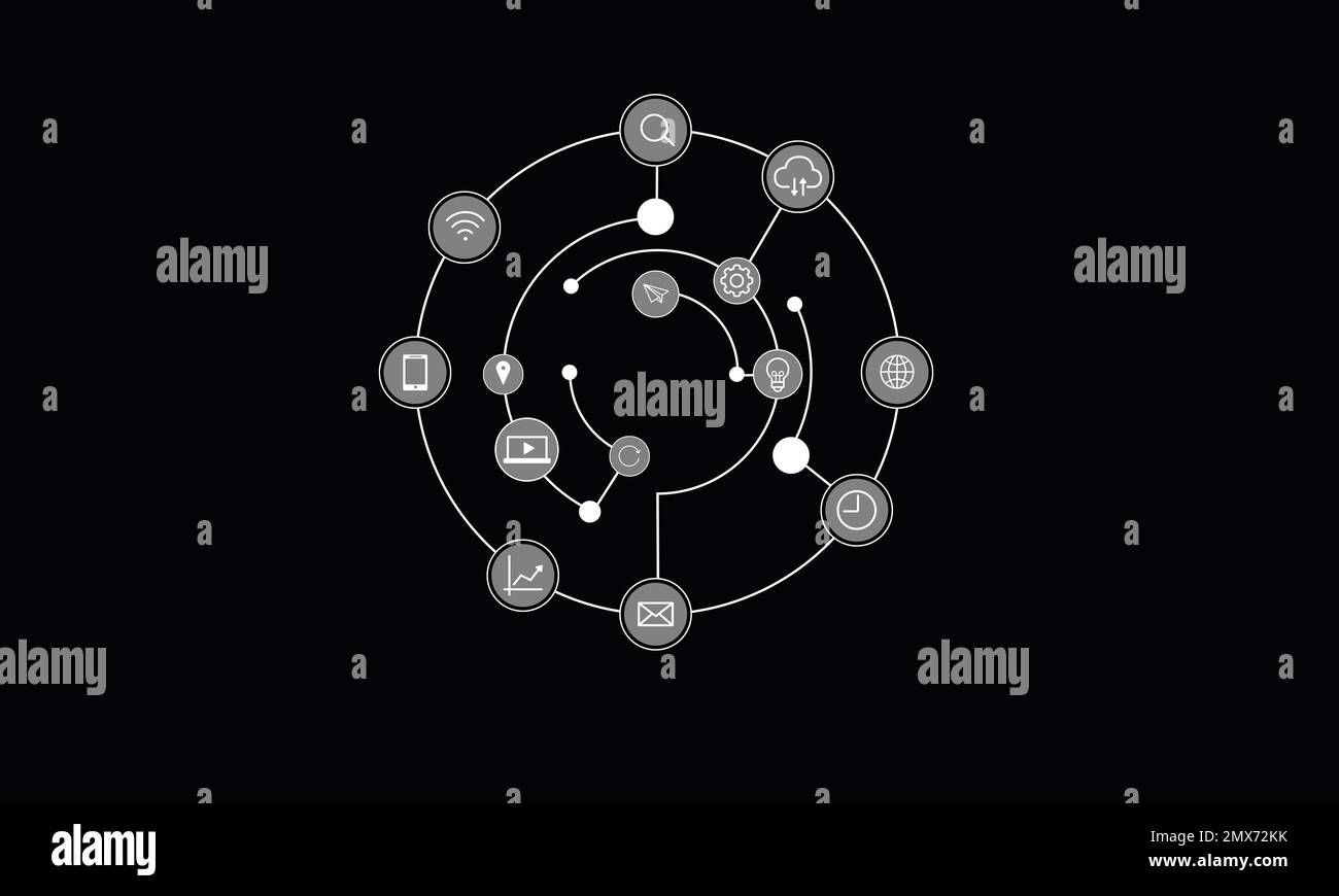 Digital marketing directions. Scheme with icons on black background ...