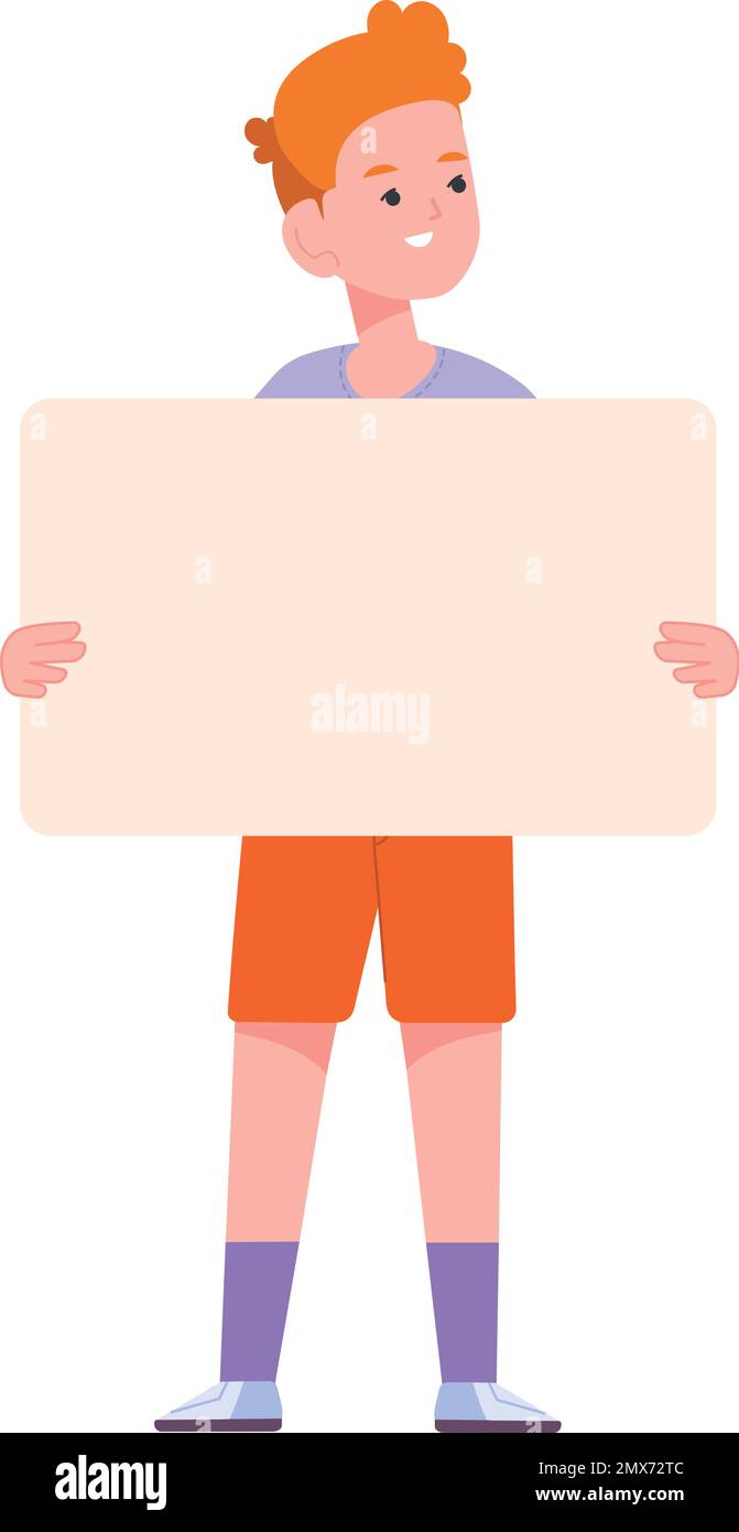 Boy hold paper banner. Smiling kid with empty placard isolated on white ...