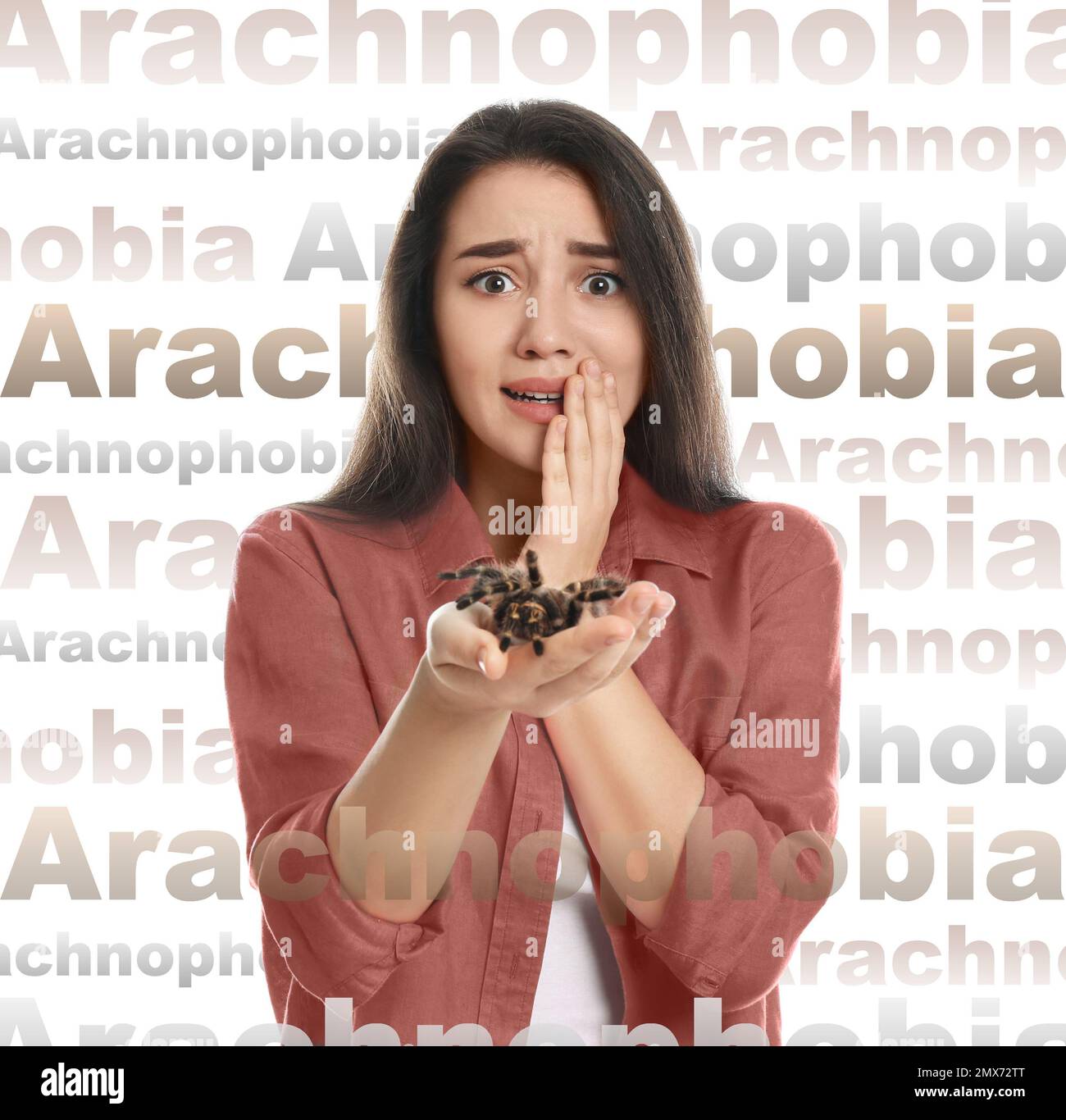 Scared woman with tarantula on white background. Arachnophobia (fear of ...