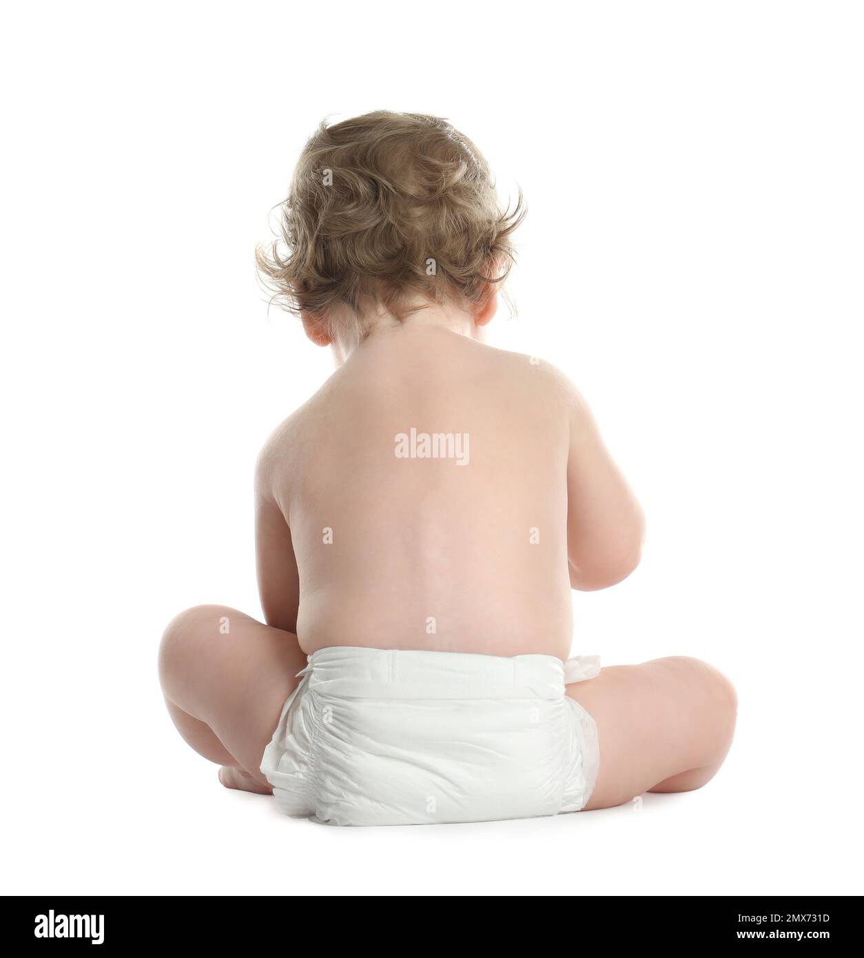 Cute little baby in diaper on white background Stock Photo - Alamy