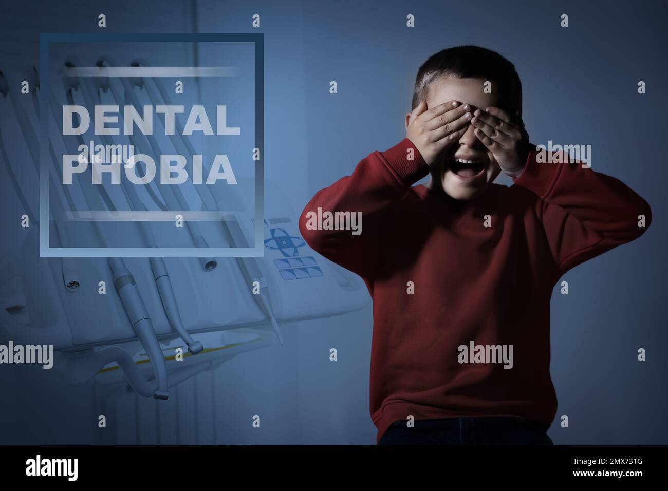 Odontophobia concept. Scared little boy and dentist's instruments Stock ...