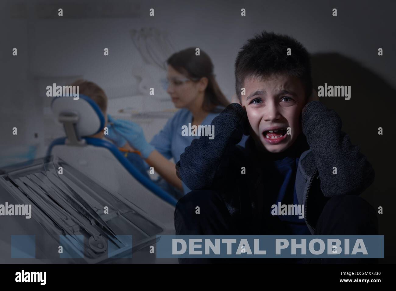 Odontophobia concept. Scared little boy and dentist appointment Stock Photo - Alamy