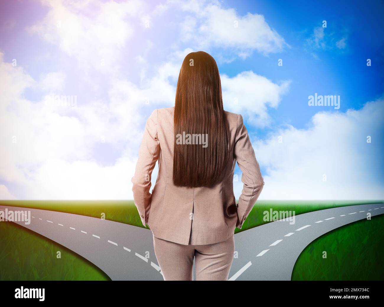 Choose your way. Woman standing at crossroads taking important decision ...
