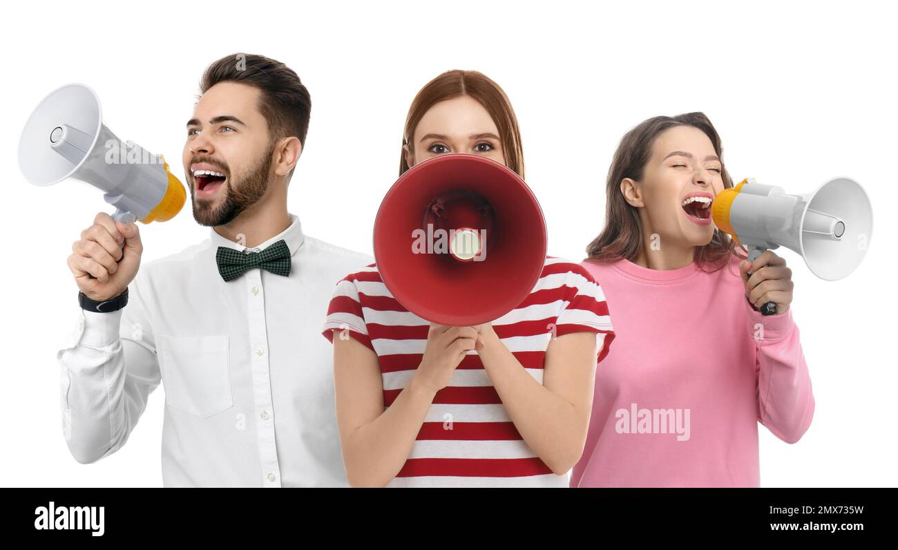 People with megaphones on white background. Banner design Stock Photo ...