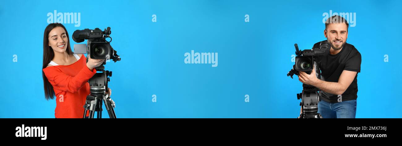 Operators with professional video cameras on blue background, space for ...