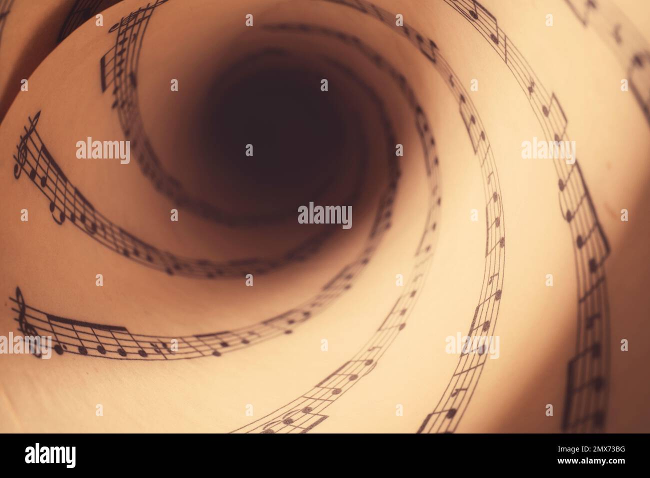 Rolled sheet with music notes as background, closeup Stock Photo - Alamy