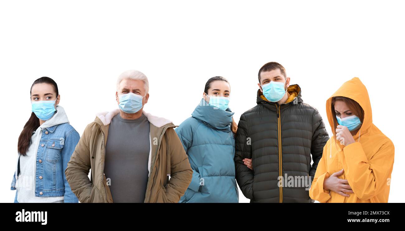 Collage of people wearing medical face masks on white background. Virus ...